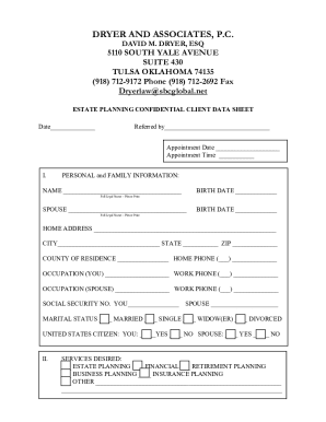 Fillable Online Estate Planning Will Intake Form - Dryer and Associates ...