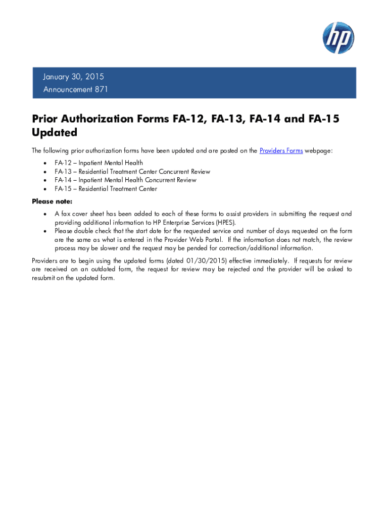 Fillable Online Prior Authorization Forms FA-12, FA-13, FA-14 and FA-15 ...