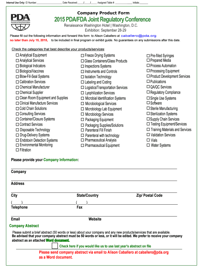 Fillable Online pda Company Product Form 2015 PDA/FDA Joint Regulatory ...