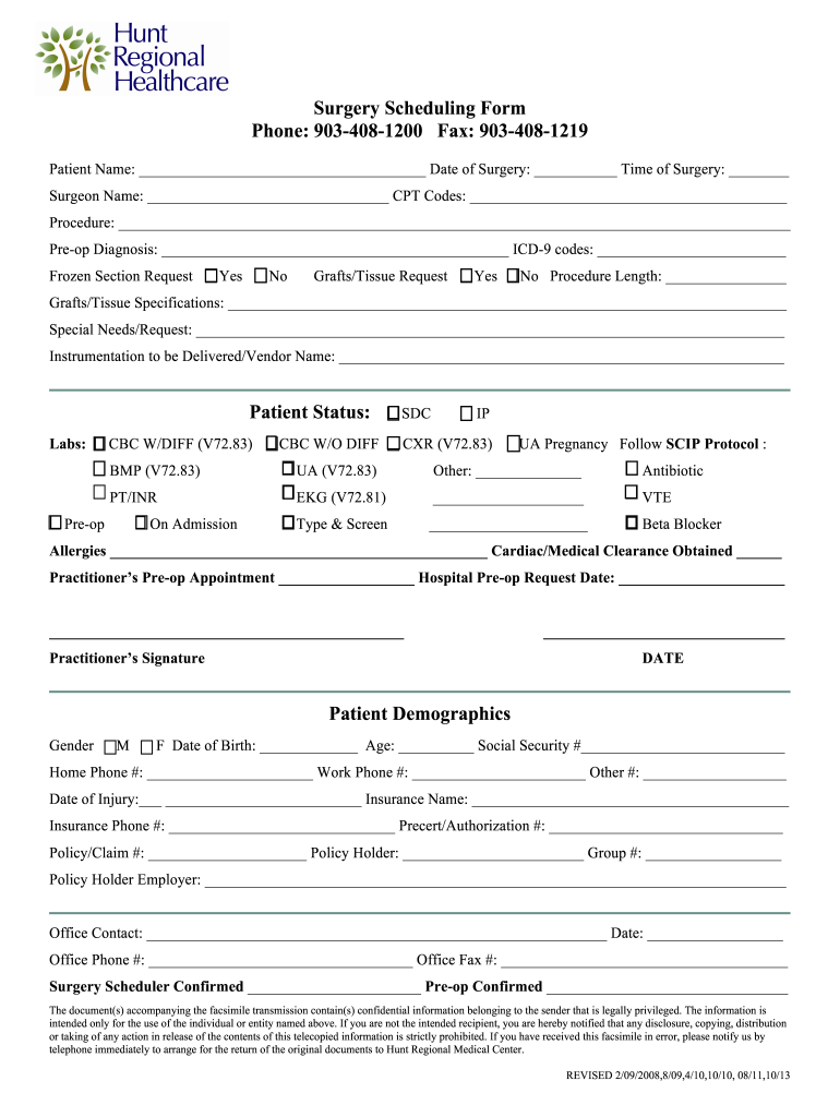 2013 TX Hunt Regional Healthcare Surgery Scheduling Form Fill Online 2013 TX Hunt Regional Healthcare Surgery Scheduling Form Fill Online