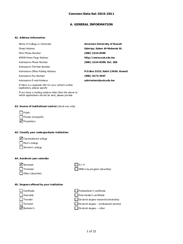 Fillable Online Common Data Set 2010-2011 A. GENERAL INFORMATION Fax Email Print - pdfFiller