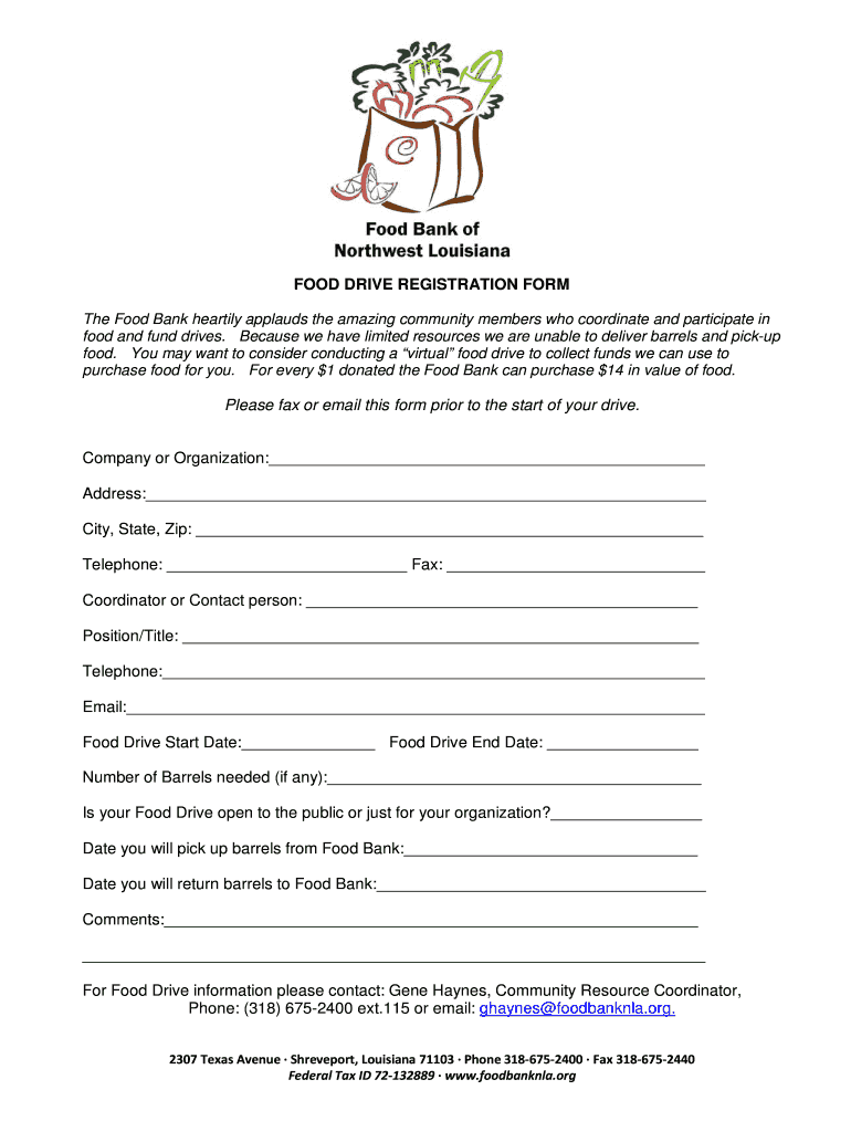 Fillable Online foodbanknla FOOD DRIVE REGISTRATION FORM - Food bank ...