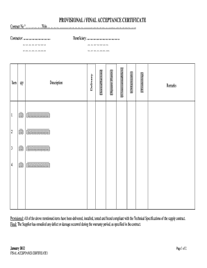 Fillable Online PROVISIONAL / FINAL ACCEPTANCE CERTIFICATE Fax Email ...