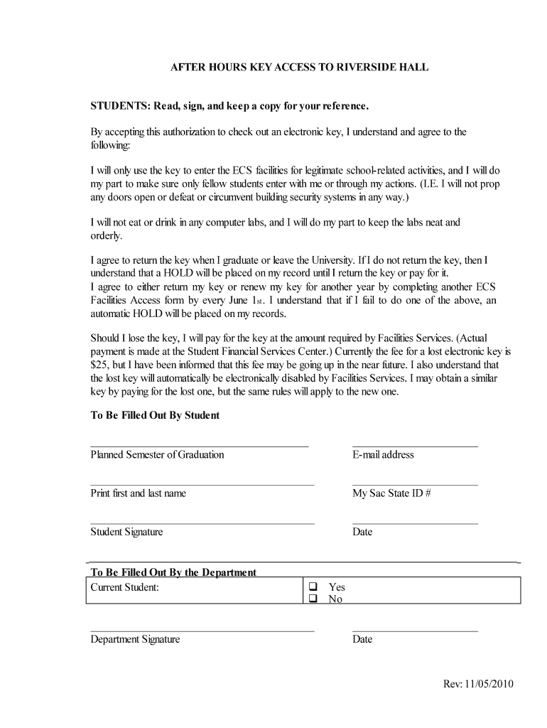 Fillable Online ecs csus AFTER HOURS KEY ACCESS TO RIVERSIDE HALL - ecs ...