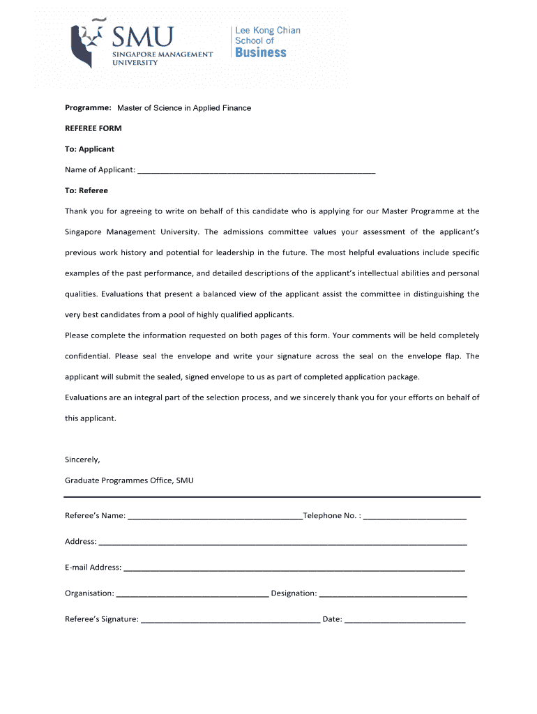 Smu Referee Form - Fill Online, Printable, Fillable, Blank | pdfFiller