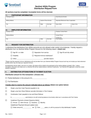 Fillable Online Sentinel 403(b) Program Distribution Request Form All ...