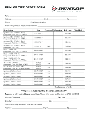 Fillable Online 2015 Dunlop Tire Order Formpdf - Cornerspeed Fax Email ...