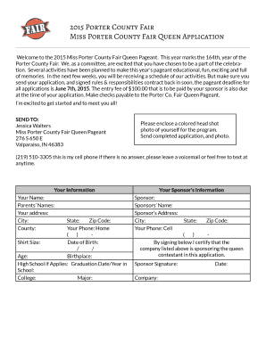 Fillable Online 2015 Queen Application, Rules and ... - Porter County ...