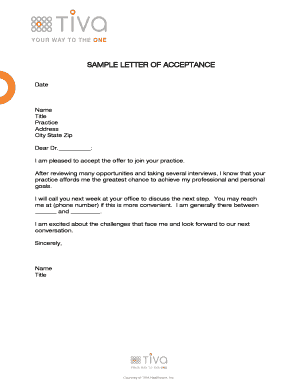 Fillable Online SAMPLE LETTER OF ACCEPTANCE - TIVA HealthCare Fax Email ...