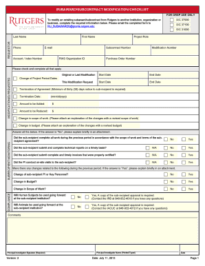 Fillable Online orsp rutgers SUBAWARDSUBCONTRACT MODIFICATION CHECKLIST ...