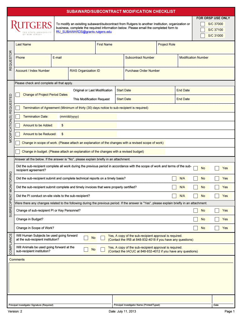 Fillable Online orsp rutgers SUBAWARDSUBCONTRACT MODIFICATION CHECKLIST Fax Email Print - pdfFiller