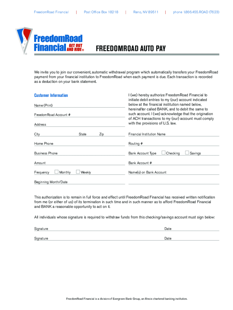 Fillable Online FREEDOMROAD AUTO PAY - FreedomRoad Financial Fax Email ...