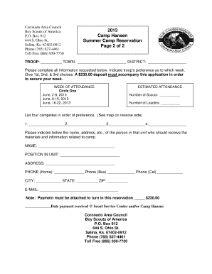 Fillable Online B2013b Camp Hansen Summer Camp Reservation Page 1 of 2 ...