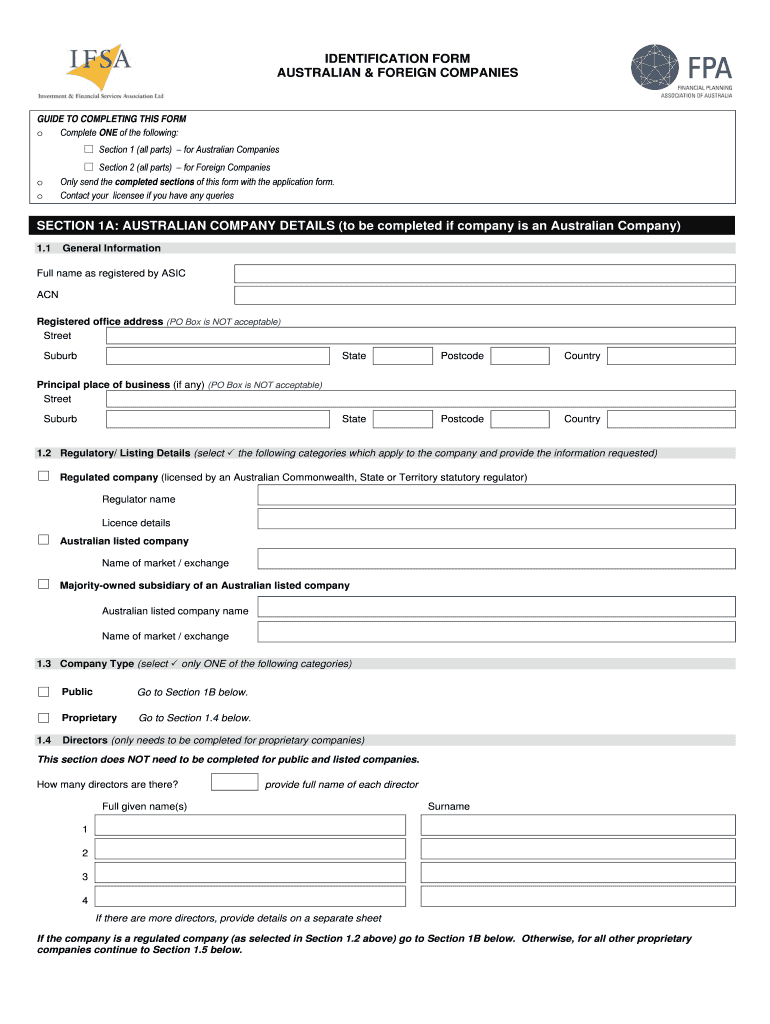 Fillable Online IDENTIFICATION FORM AUSTRALIAN & FOREIGN COMPANIES Fax ...