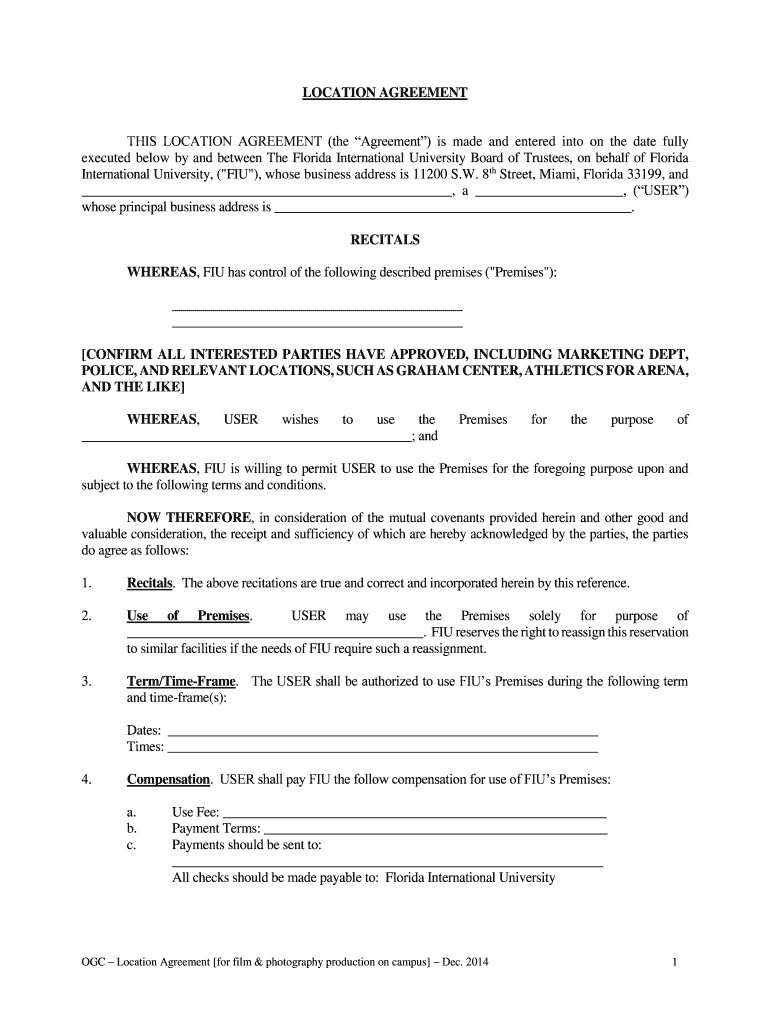Fillable Online generalcounsel fiu LOCATION AGREEMENT THIS LOCATION ...
