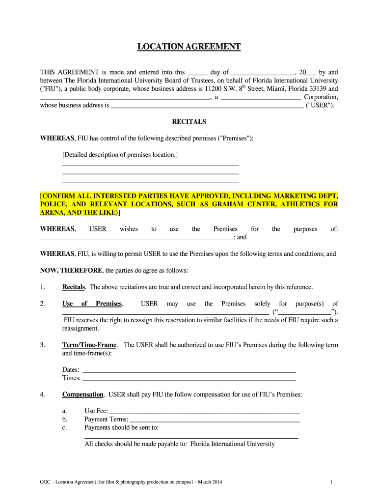 Fillable Online generalcounsel fiu LOCATION AGREEMENT Fax Email Print ...