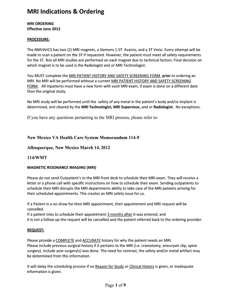 Fillable Online MRI Indications & Ordering Fax Email Print - pdfFiller