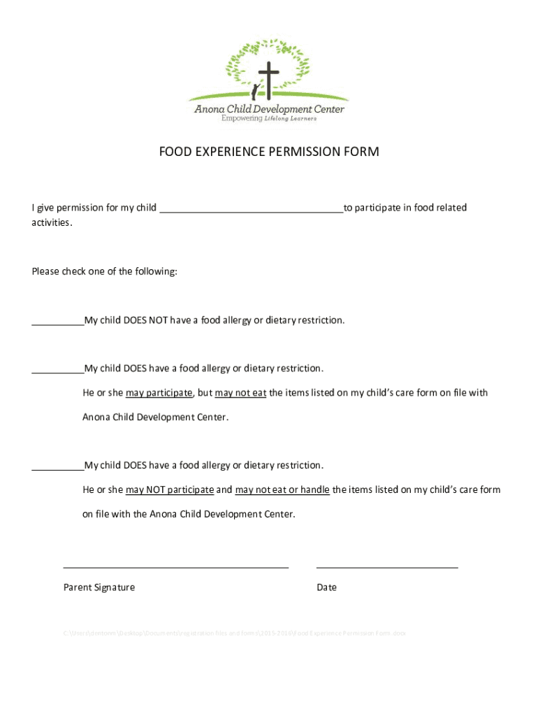 Fillable Online Food Experience Permission Form - Florida Department of ...