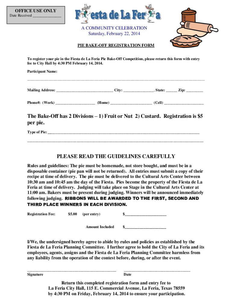 Fillable Online PIE BAKE-OFF REGISTRATION FORM - City of La Feria, TX ...