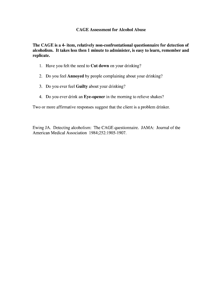 Fillable Online CAGE Assessment for Alcohol Abuse Fax Email Print ...