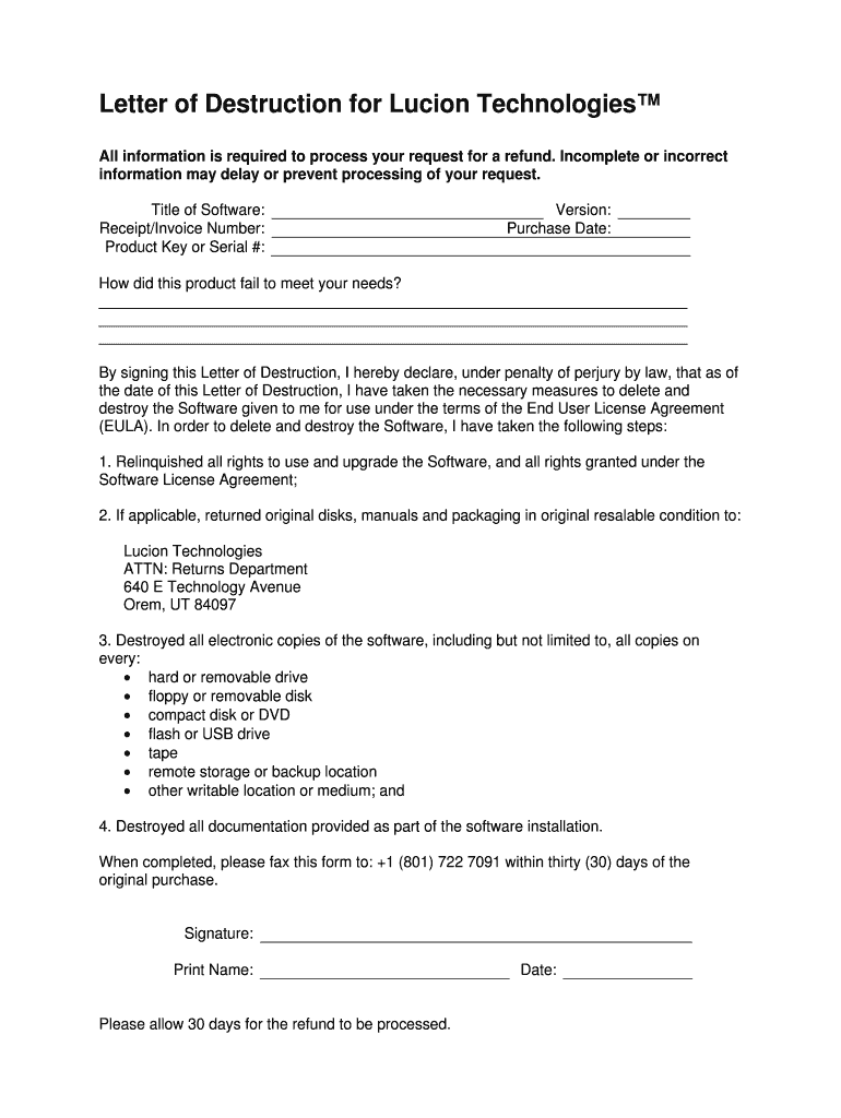 Fillable Online Letter of Destruction for Lucion Technologies Fax Email ...
