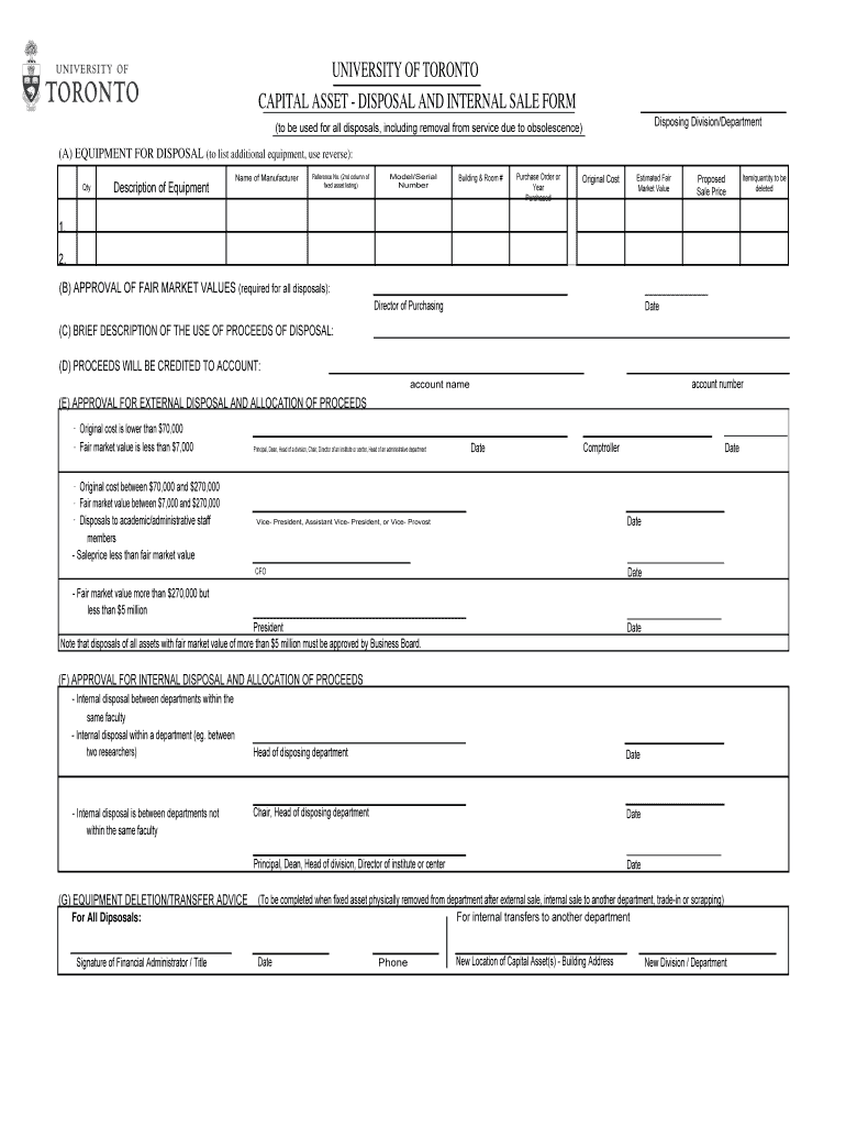 Fillable Online procurement utoronto CAPITAL ASSET DISPOSAL AND ...