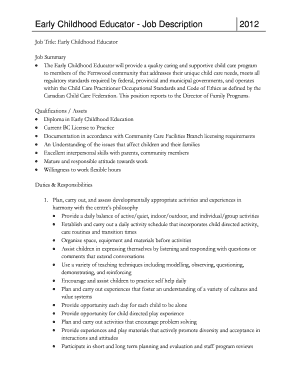 Fillable Online Early Childhood Educator - Job Description Fax Email ...