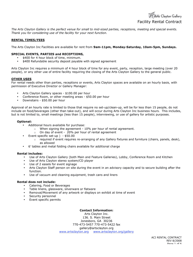Fillable Online artsclayton Arts Clayton Rental Agreement - artsclayton ...