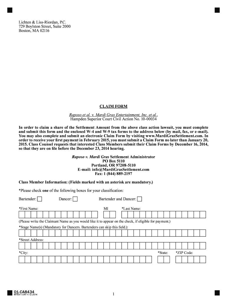 Fillable Online Claim bFormb - Raposo v Mardi Gras Settlement Fax Email ...
