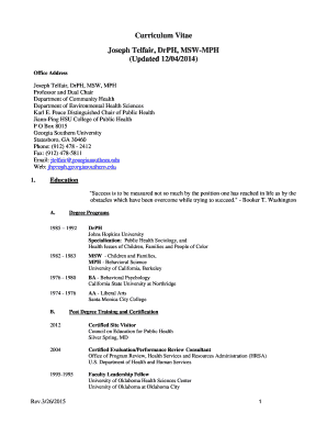 Fillable Online sph unc Curriculum Vitae - UNC Gillings School of Global Public Health - sph unc ...