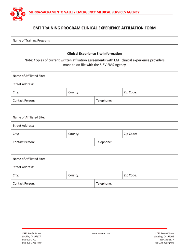 Fillable Online emt training program clinical experience affiliation ...