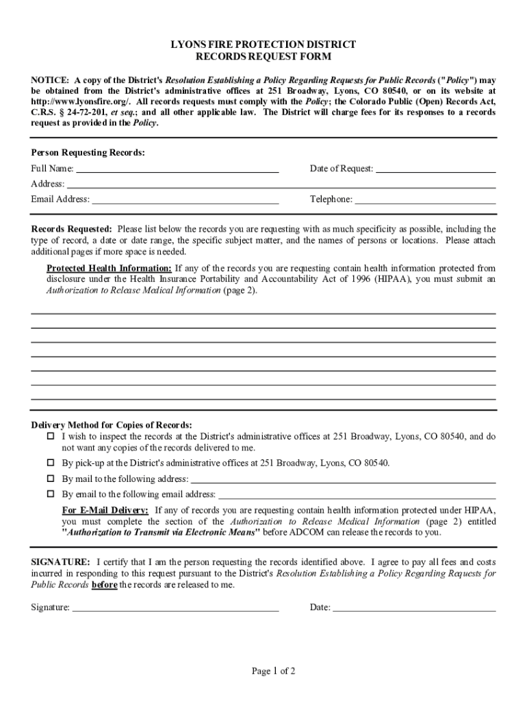 Fillable Online Records-Request-Form.pdf - Lyons Fire Protection District Fax Email Print ...