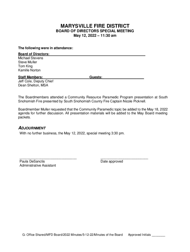 Fillable Online AGENDA MARYSVILLE FIRE DISTRICT BOARD OF DIRECTORS ...