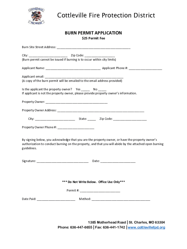 Fillable Online Burn Permit Application - Cottleville Fire Protection District Fax Email Print ...