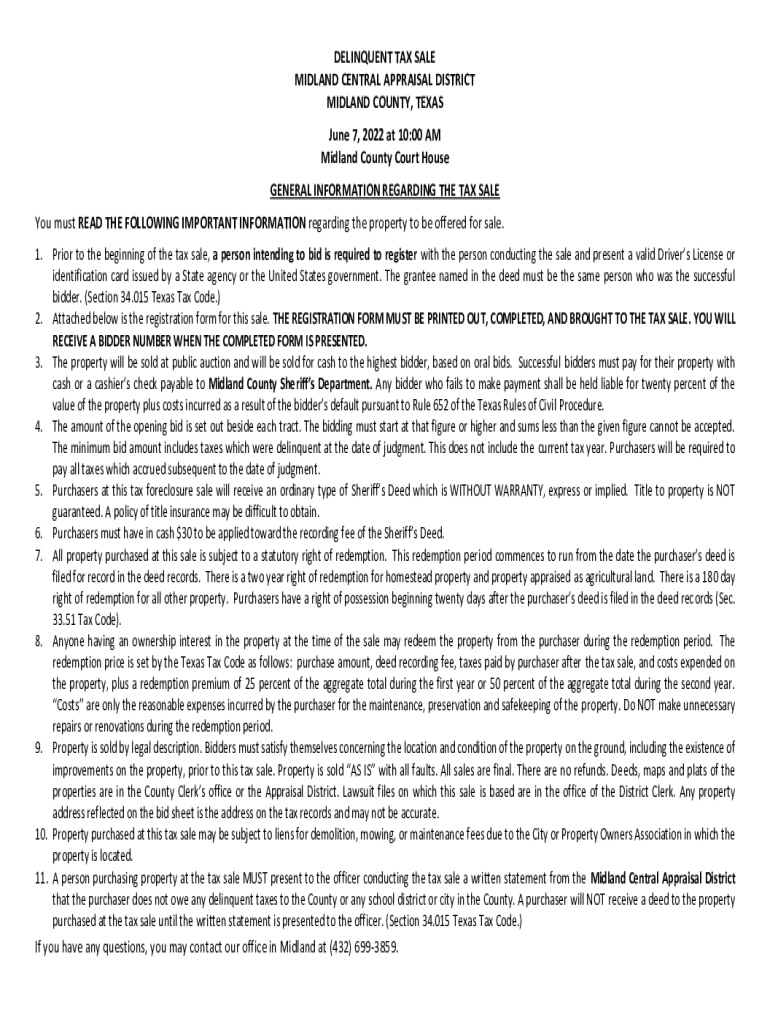 Fillable Online DELINQUENT TAX SALE MIDLAND CENTRAL APPRAISAL DISTRICT ...