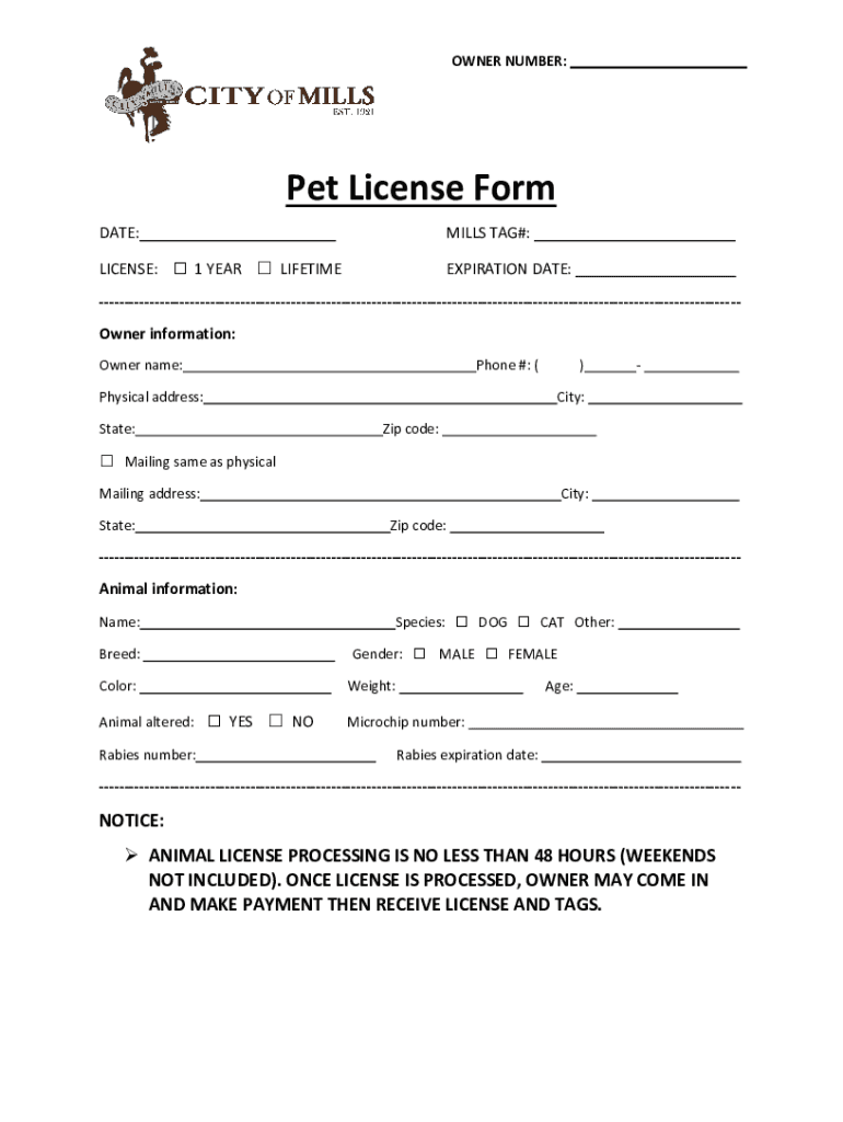 Fillable Online Fill - Free fillable Pet License Form TOWN OF MILLS EST ...