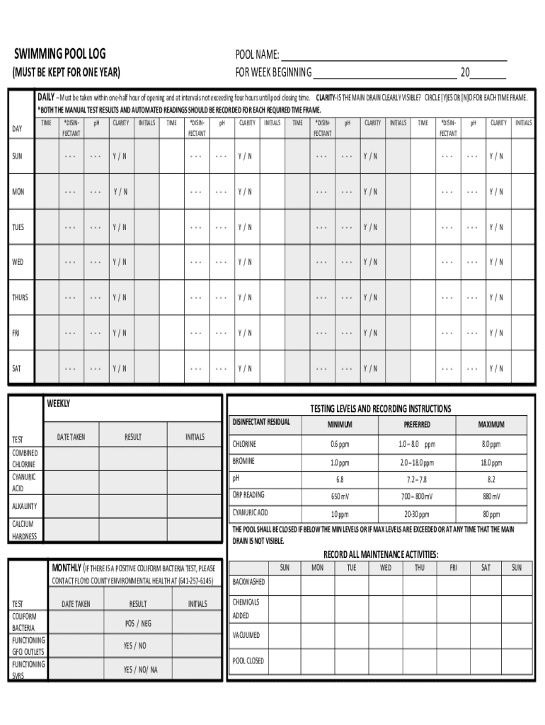 Fillable Online Fillable Online SWIMMING POOL LOG POOL NAME MUST BE ...
