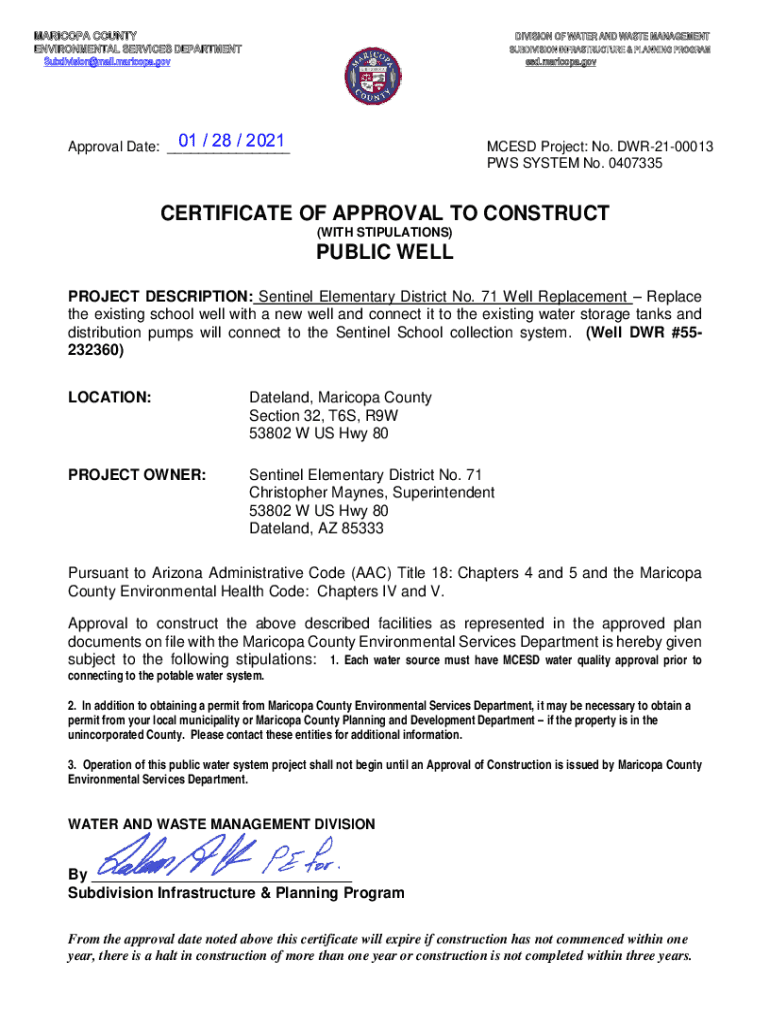 Fillable Online CERTIFICATE OF APPROVAL TO CONSTRUCT PUBLIC WELL Fax Email Print - pdfFiller