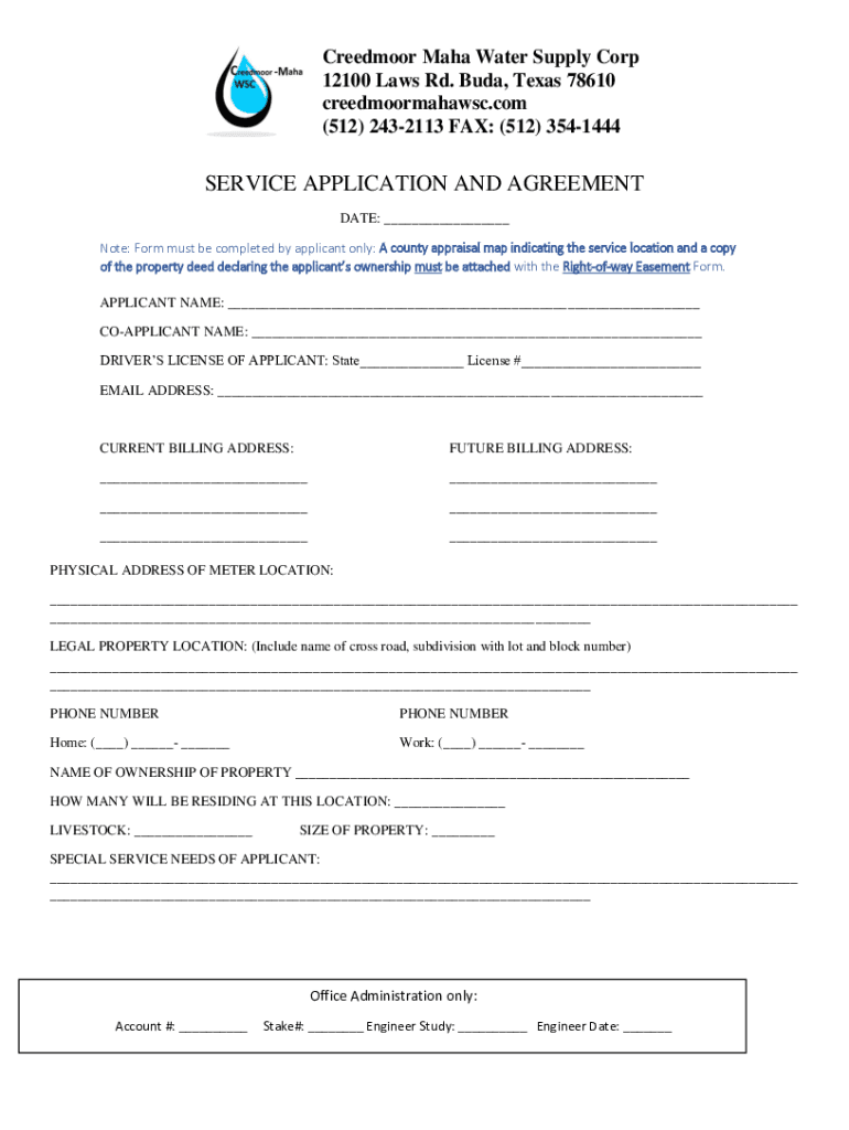 Fillable Online SERVICE APPLICATION AND AGREEMENT - Creedmoor-Maha Fax Email Print - pdfFiller