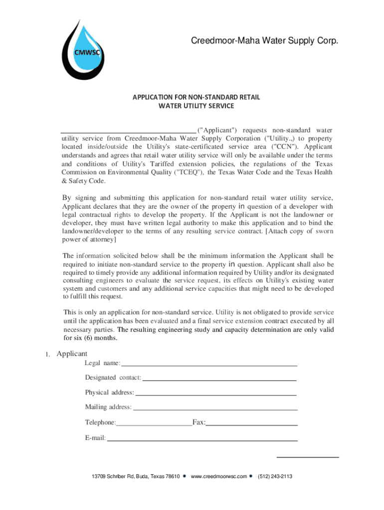 Fillable Online APPLICATION FOR NON-STANDARD RETAIL WATER UTILITY ...