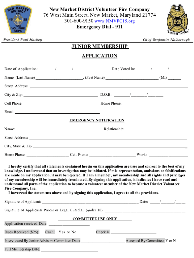 Junior Membership Application - New Market Volunteer Fire: Fill out ...