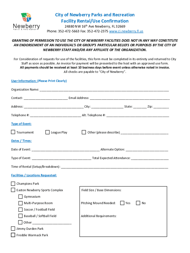 Fillable Online Recreation Registration Forms - Newberry, Florida Fax Email Print - pdfFiller