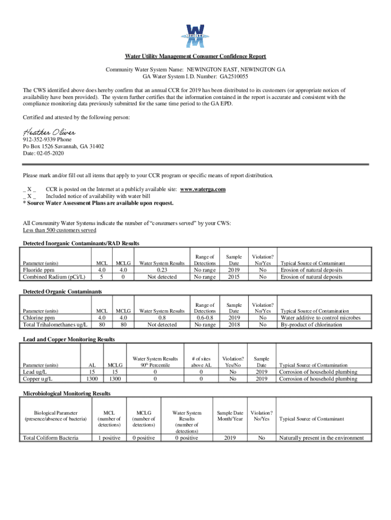 Fillable Online 2019 - GA EPD Consumer Confidence Report Certification ...