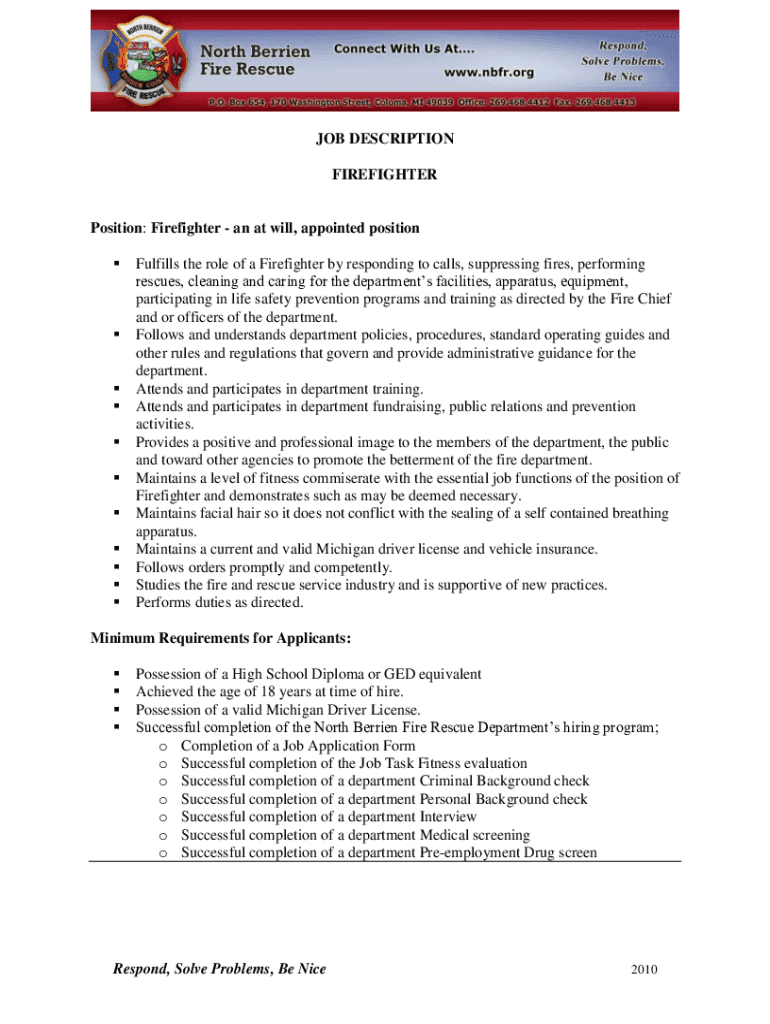 Fillable Online JOB DESCRIPTION FIREFIGHTER Position Firefighter - an ...