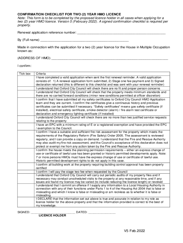 Fillable Online www.oxford.gov.ukdownloaddownloadsCONFIRMATION CHECKLIST FOR FIVE (5) YEAR HMO ...