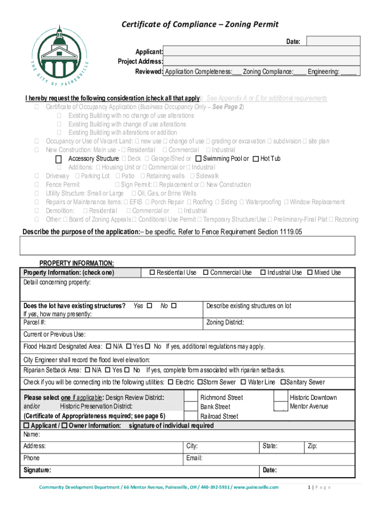 Certificate of Compliance Zoning Permit - City of Painesville: Fill out ...