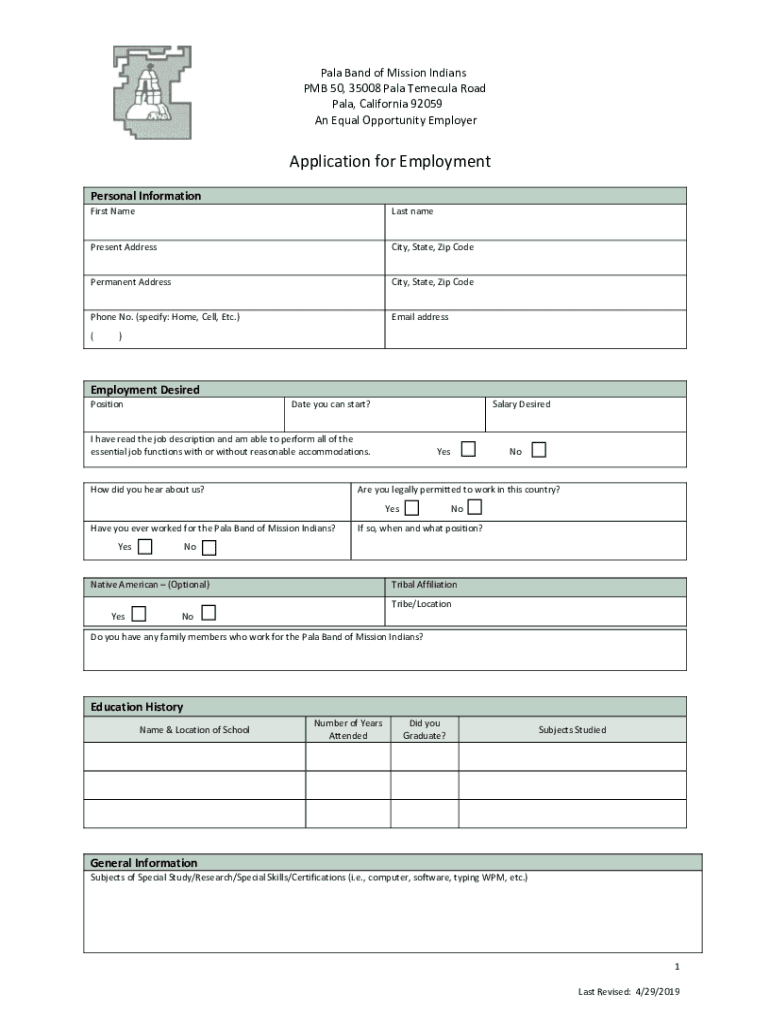 Application for Employment - Pala Band of Mission Indians: Fill out ...