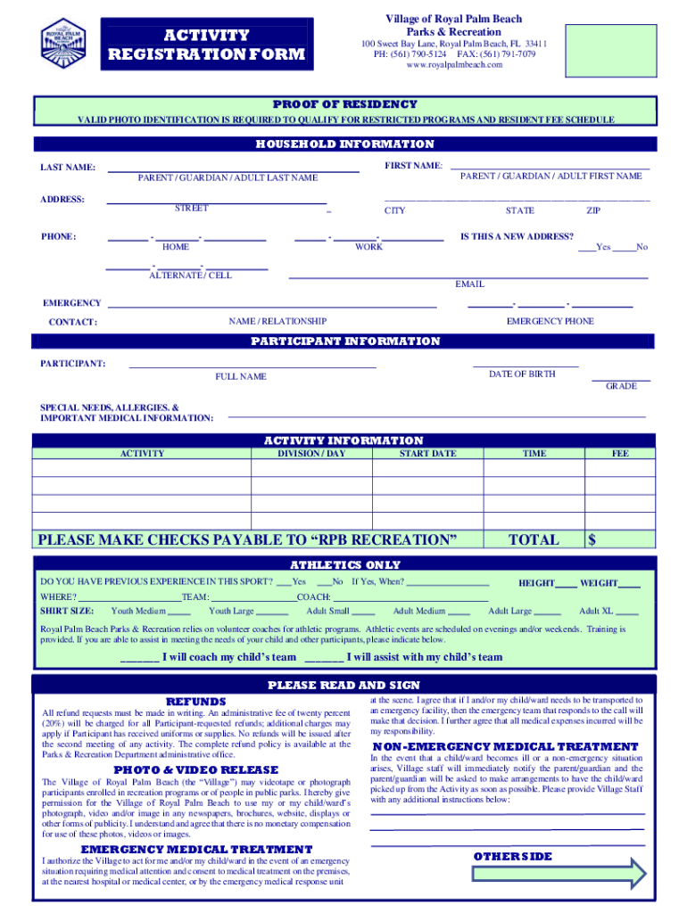 Fillable Online Recreation Center Activity Registration FormVillage of ... Fax Email Print ...