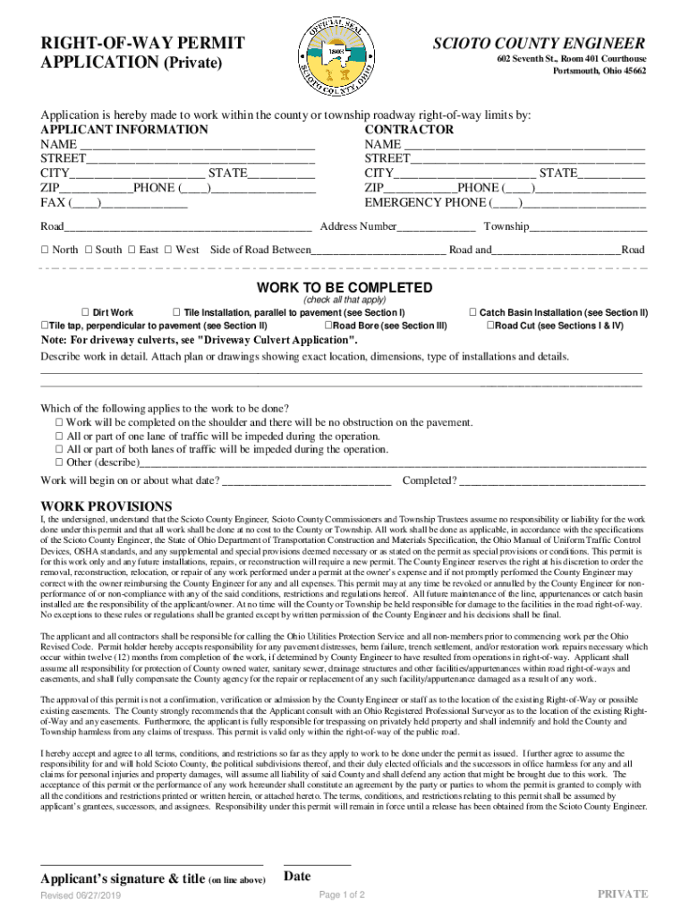 Fillable Online RIGHT-OF-WAY PERMIT CIOTO COUNTY ENGINEER APPLICATION ... Fax Email Print ...