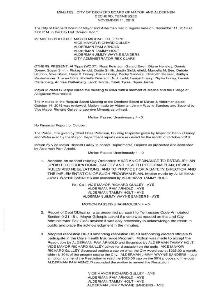 Fillable Online City of Decherd - Agenda City of Decherd Board of Mayor ...